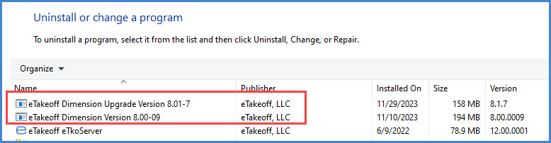 Roll Dimension Back to Version 8.09 - eTakeoff